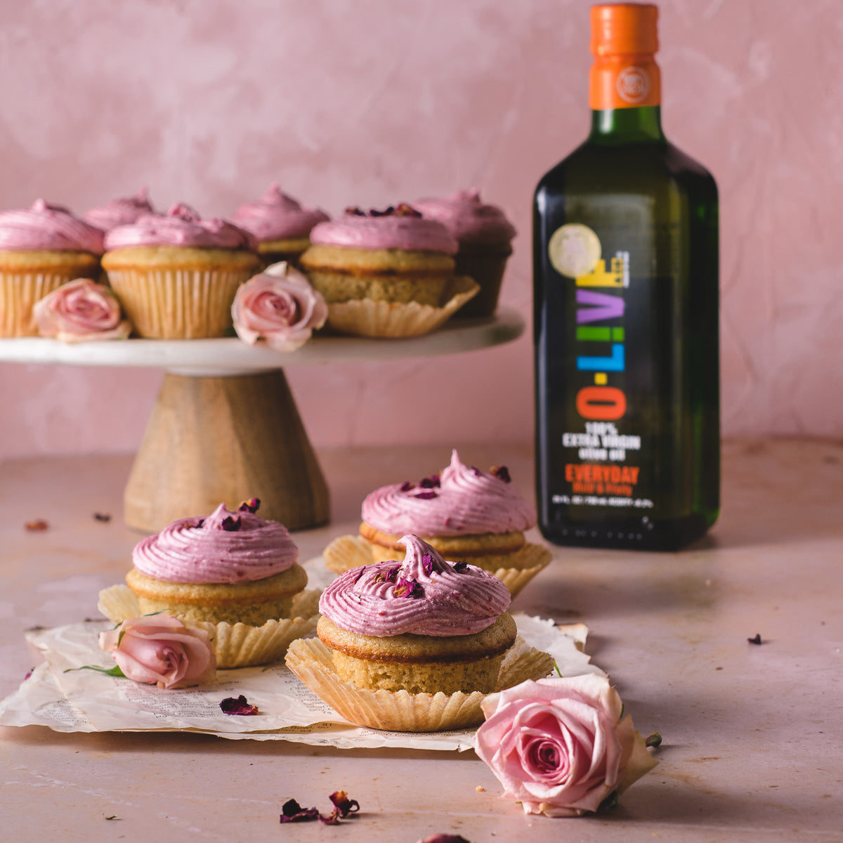 Raspberry Rose Olive Oil Cupcakes by @flaxandsugar – O-Live & Co.